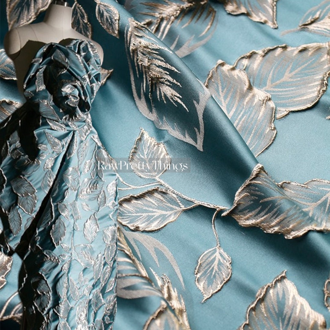 55 Wide Embossed Gold Leaf Jacquard Brocade Fabric, 3D Designer Brocade ...