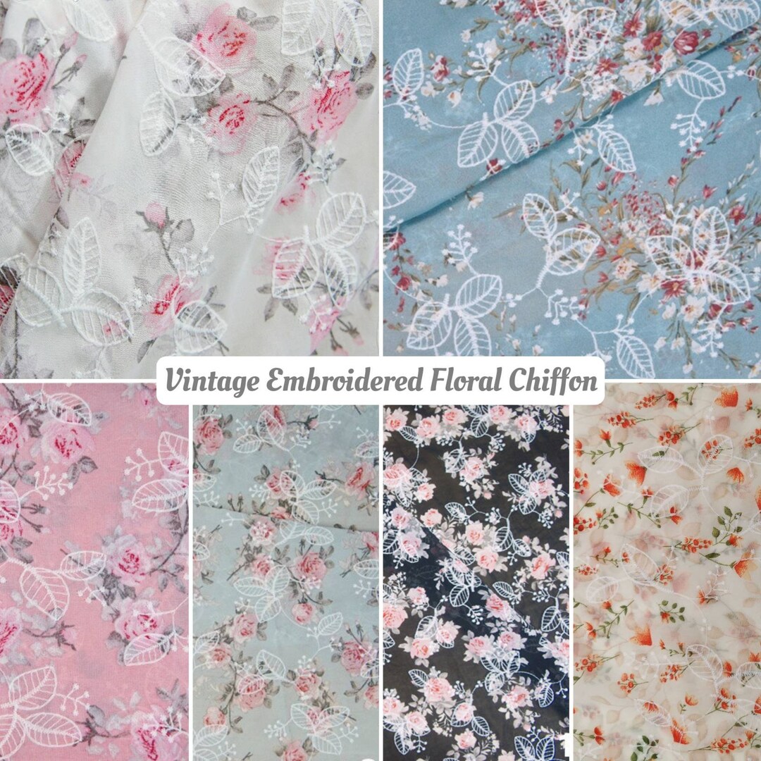 6 Colours Vintage Floral Rose Print Leaf Embroidery Chiffon, Quality ...