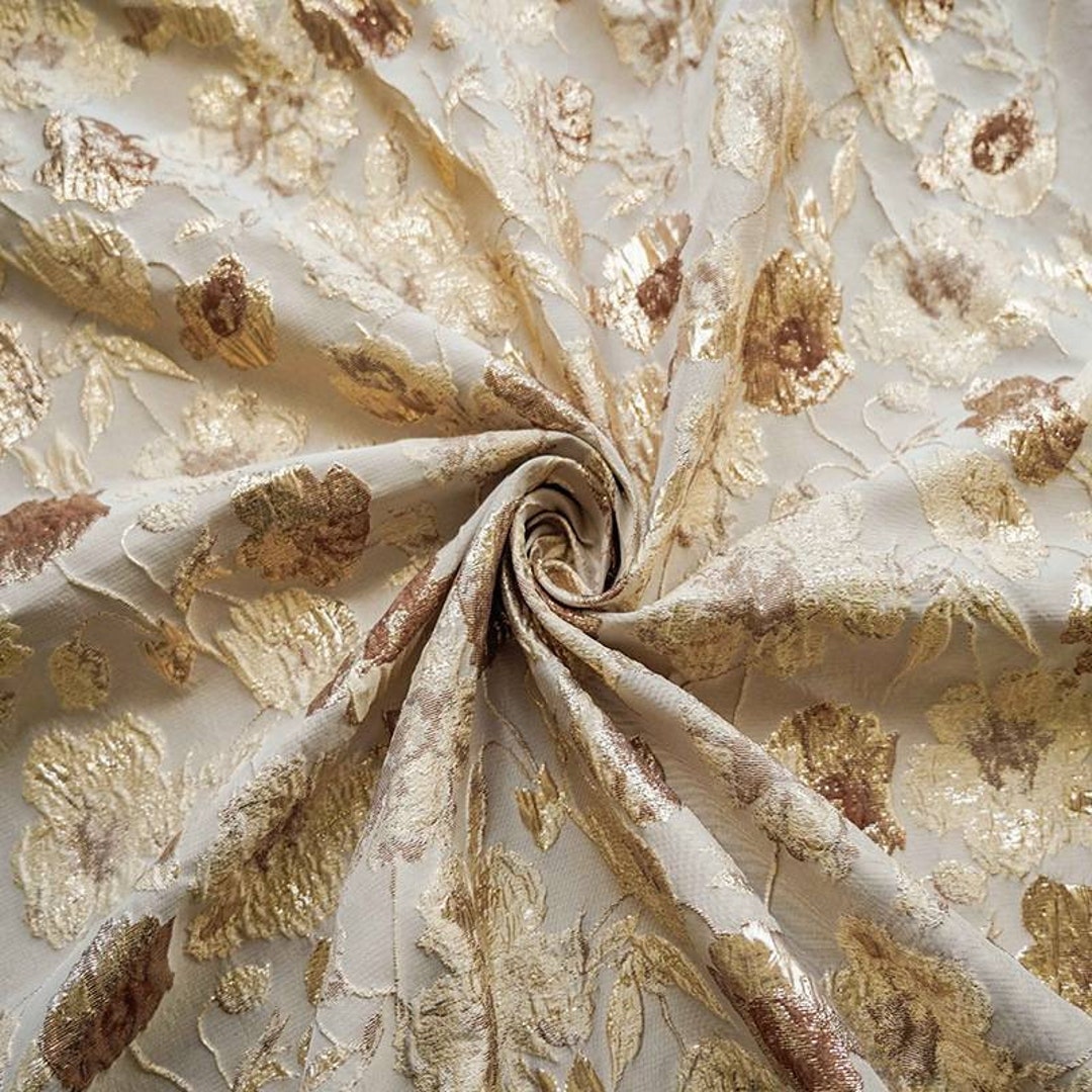57" Wide Jacquard Embossed Gold Shimmer Floral Cloqué, 3D Metallic ...