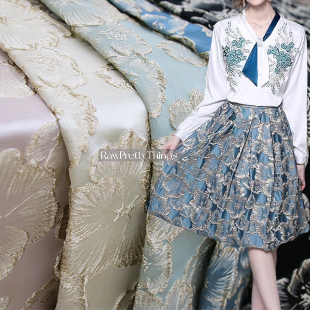 55" Wide 3D Embossed Gold Shimmer Floral Jacquard Brocade Fabric ...