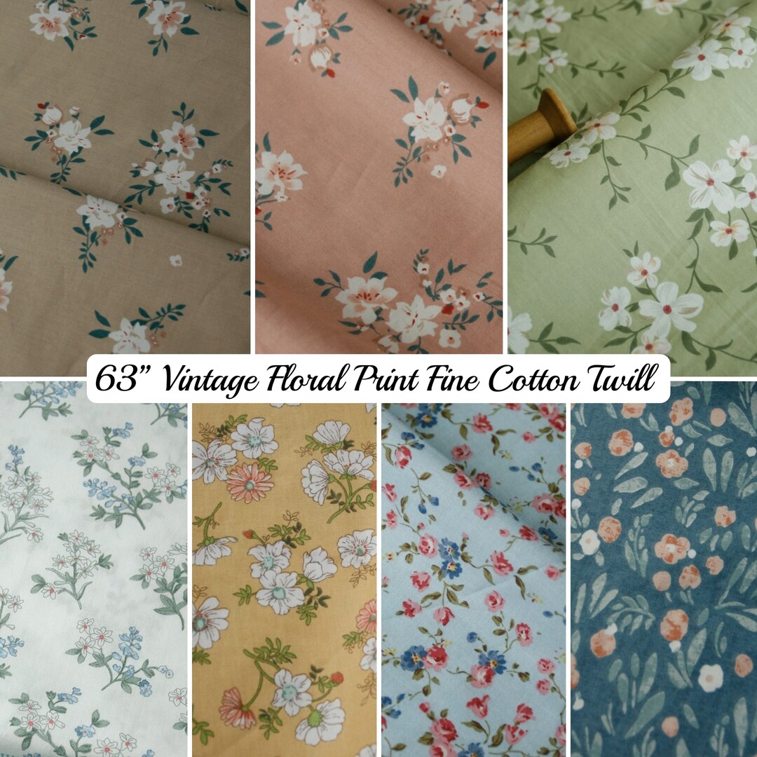 63 Wide Vintage Floral Print Natural Cotton Fabric, Fine Cotton Twill ...