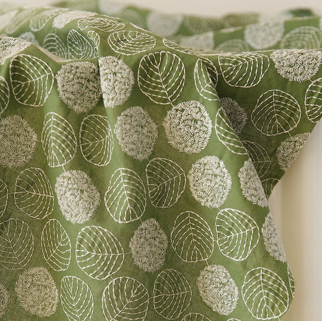 49 Wide Leaf Shape Embroidery Premium Natural Linen Blend Fabric ...