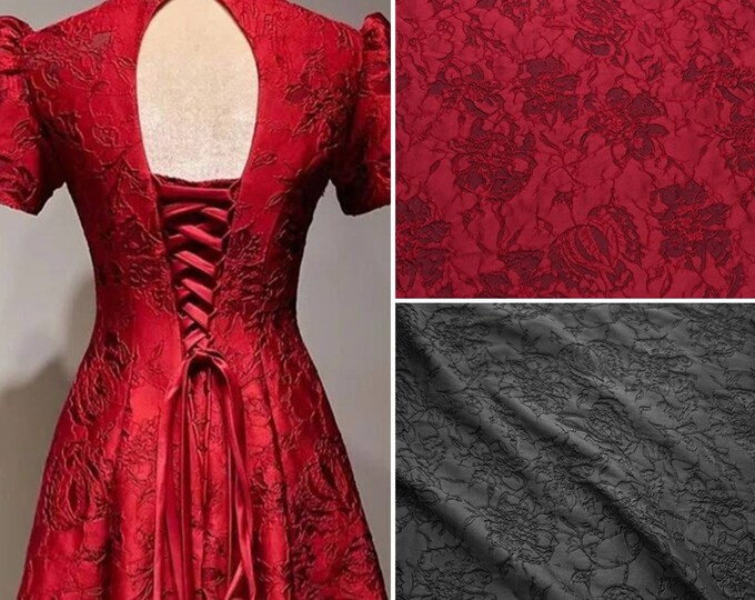 57" Wide Jacquard Embossed Line Floral Brocade, Textured 3D Art Brocade ...