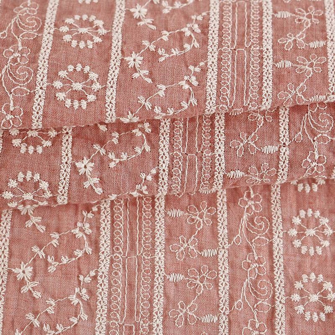 49 Wide Floral Stripe Embroidery Premium Natural Cotton Fabric, Quality ...