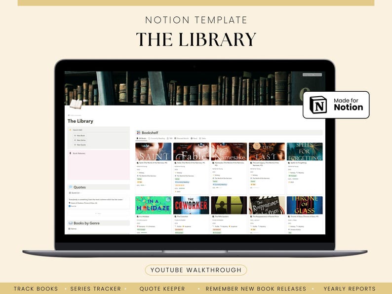 Aesthetic Library Notion Template Book Tracker, Reading Log, Quote ...