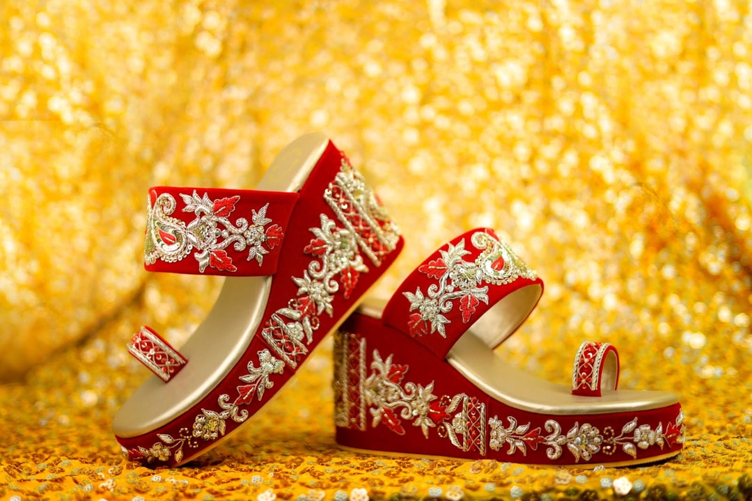 Red Handmade Bridal Floral Embroidered Wedges for Women, Wedding ...