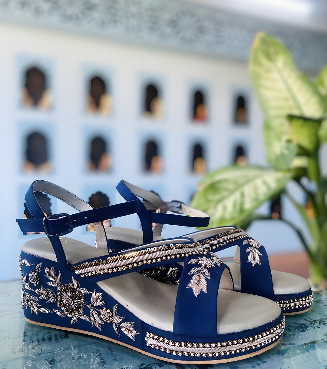 Blue Embroidered Wedges: Handmade Indian Ethnic Platform Shoes - Etsy