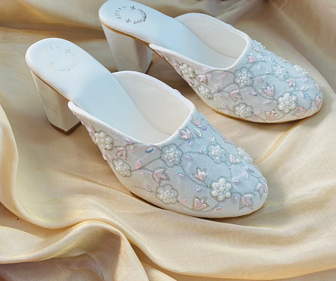Embroidered Bridal Clogs: White Low Heel Wedding Mules - Etsy