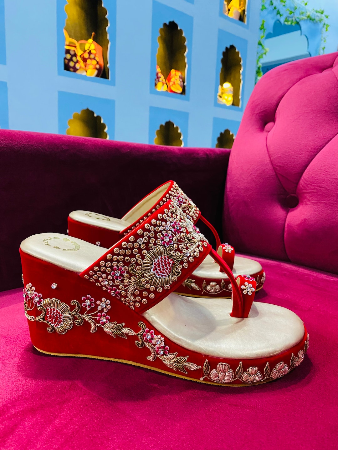 Red Embroidered Bridal Wedges: Handmade Indian Platform Heels - Etsy