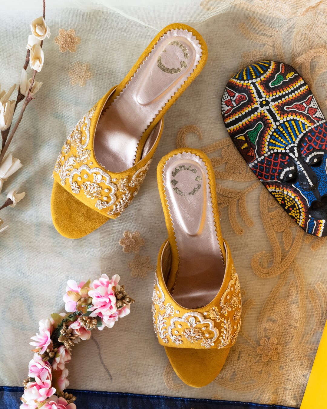 Ethnic Indian Women Mustard Heel With Embroidery Wedding Heels Bridal ...