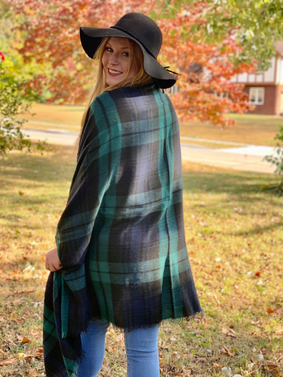 Pocket Ruana Bohemian Winter Wrap Green-navy-black Plaid - Etsy
