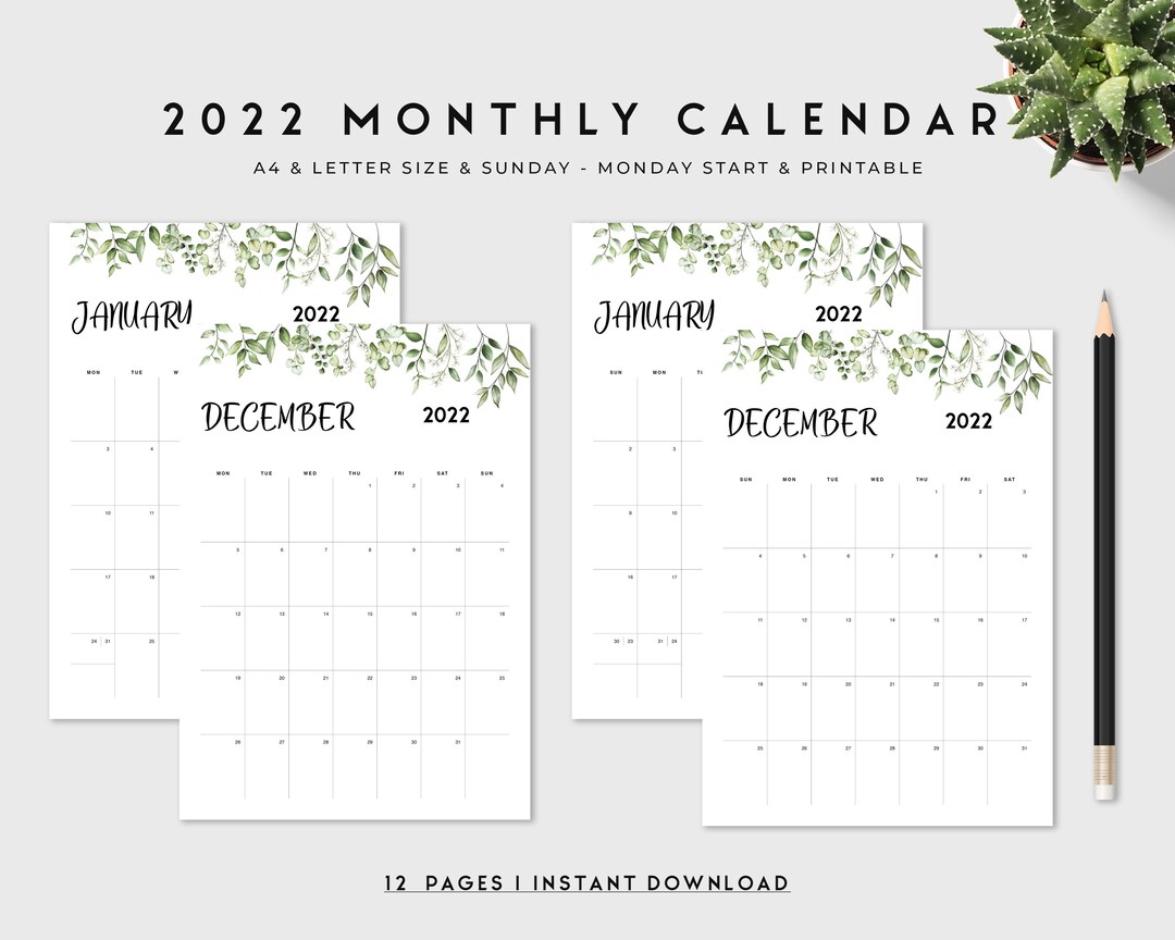 2022 Monthly Calendar Printable Pages Template Green Leaves - Etsy