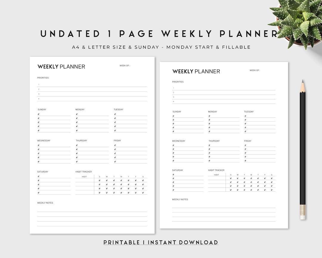 Undated Weekly Calendar Printable Template Sunday Monday - Etsy