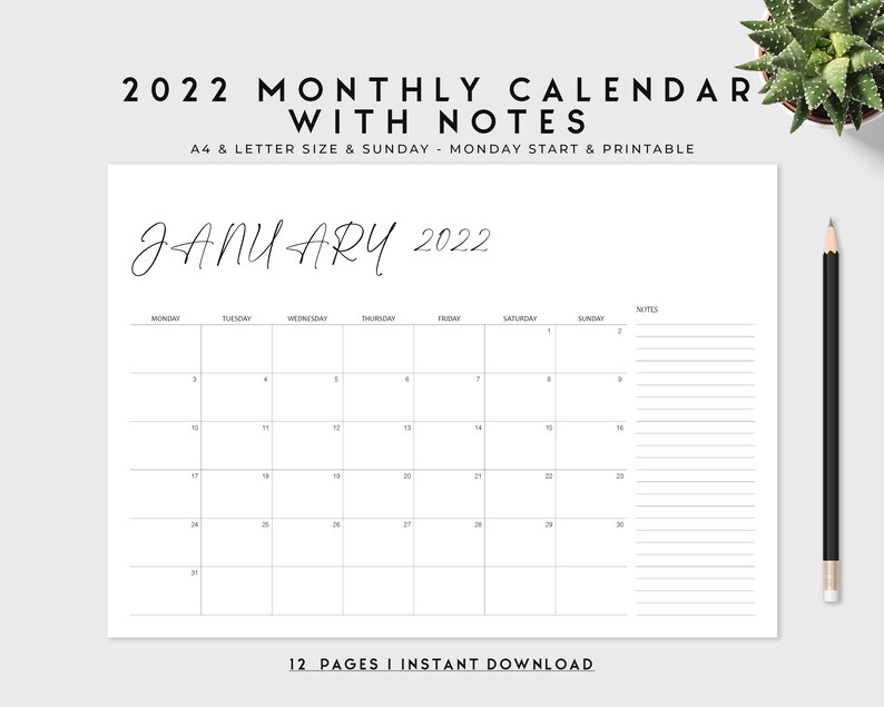 2022 Monthly Calendar Printable Template With Notes Section Horizontal ...