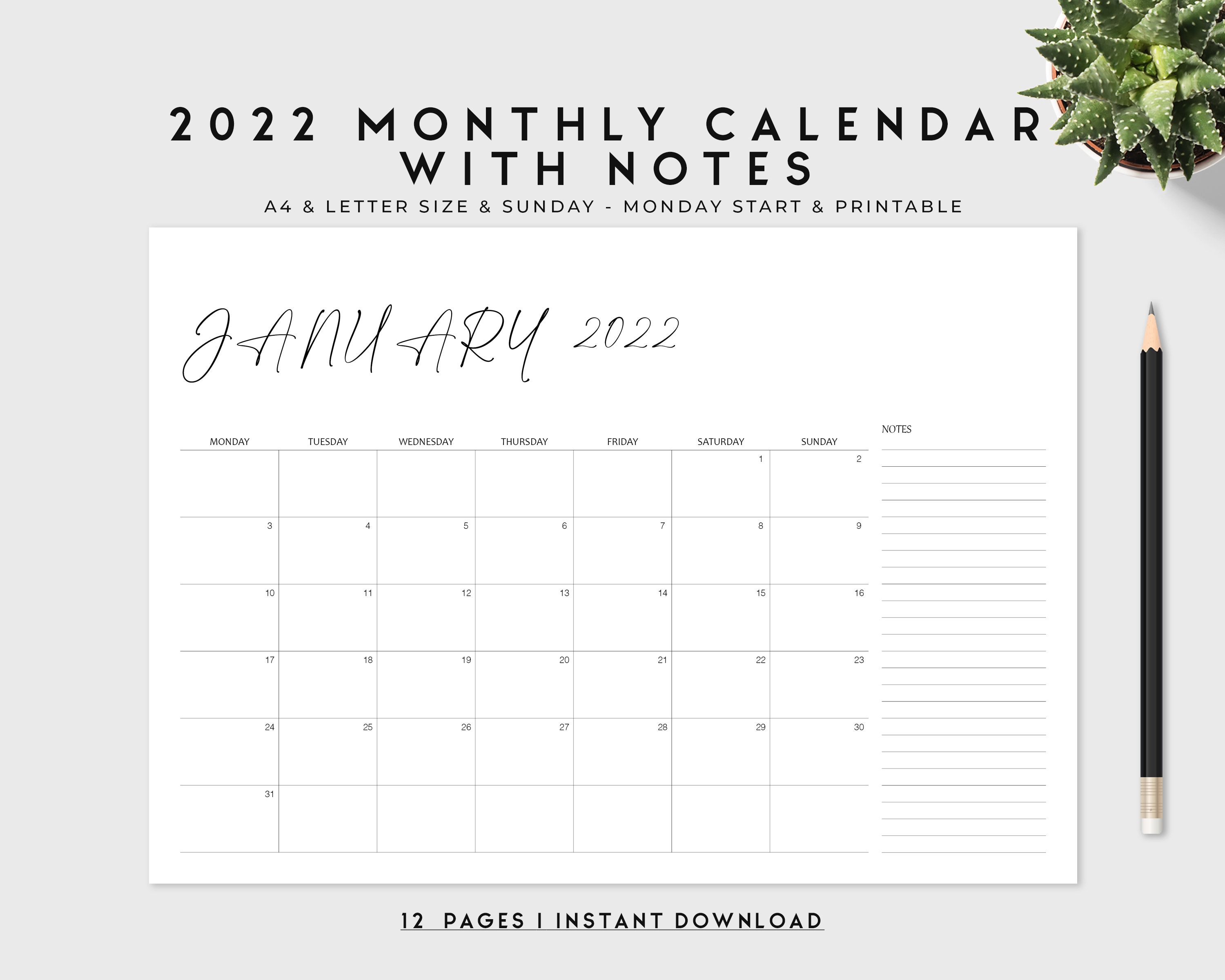 2022 Monthly Calendar Printable Template With Notes Section Horizontal ...