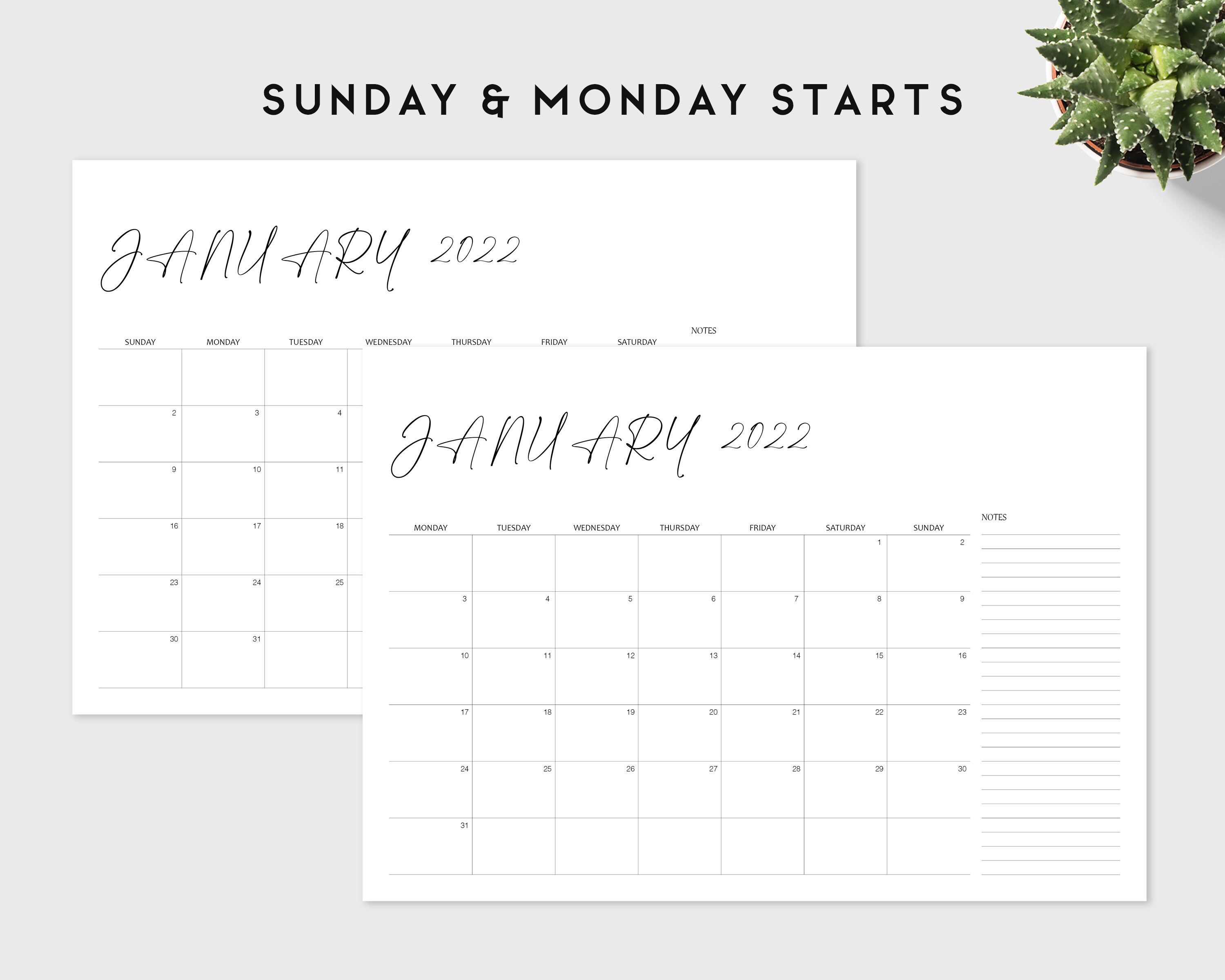 2022 Monthly Calendar Printable Template With Notes Section Horizontal ...