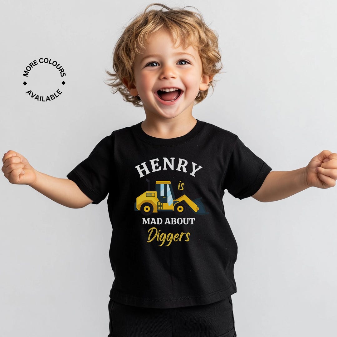 Kids Mad About Diggers T-shirt: Personalised Digger Top (ages 3-11 Yrs ...