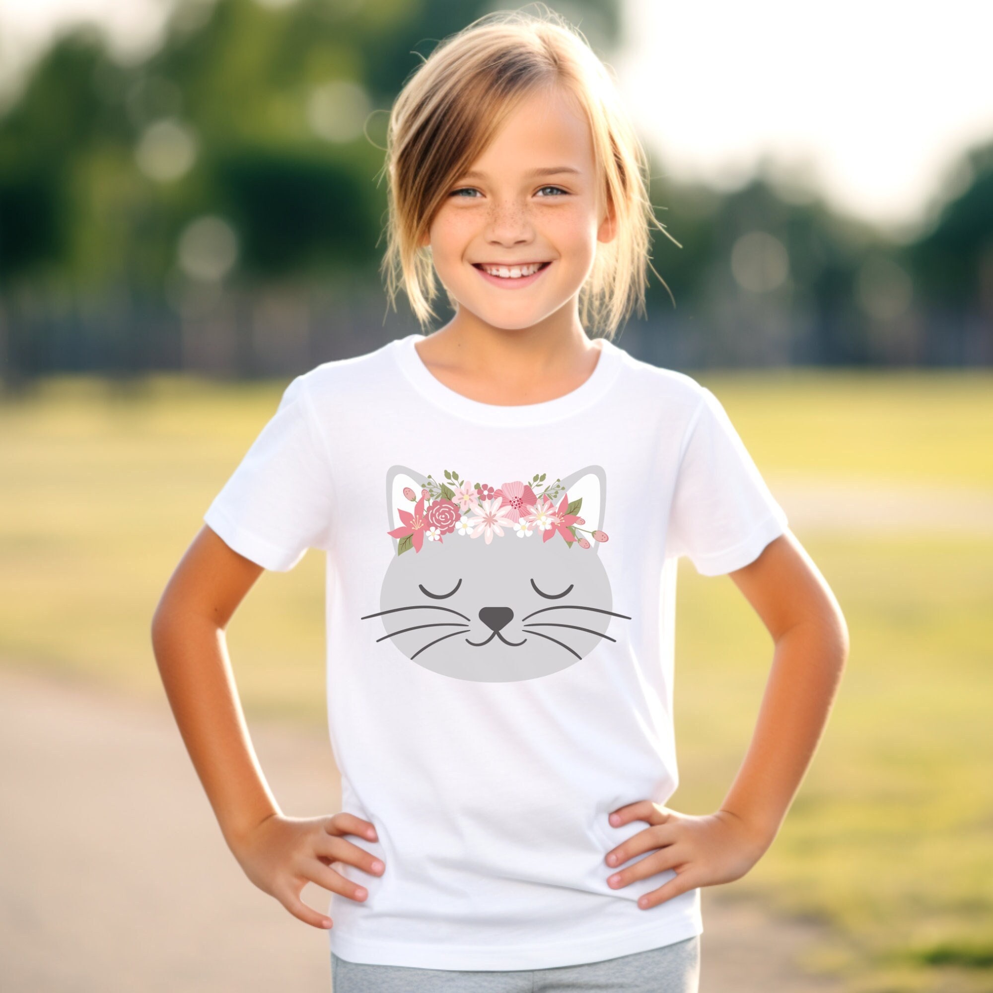 Kids Floral Cat T-shirt Girls Cute Cat Shirt Cat Lover - Etsy