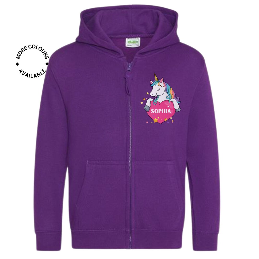 Girls Personalised Unicorn Full Zip Hoodie, Unicorn Jacket, 3 13 Yrs ...