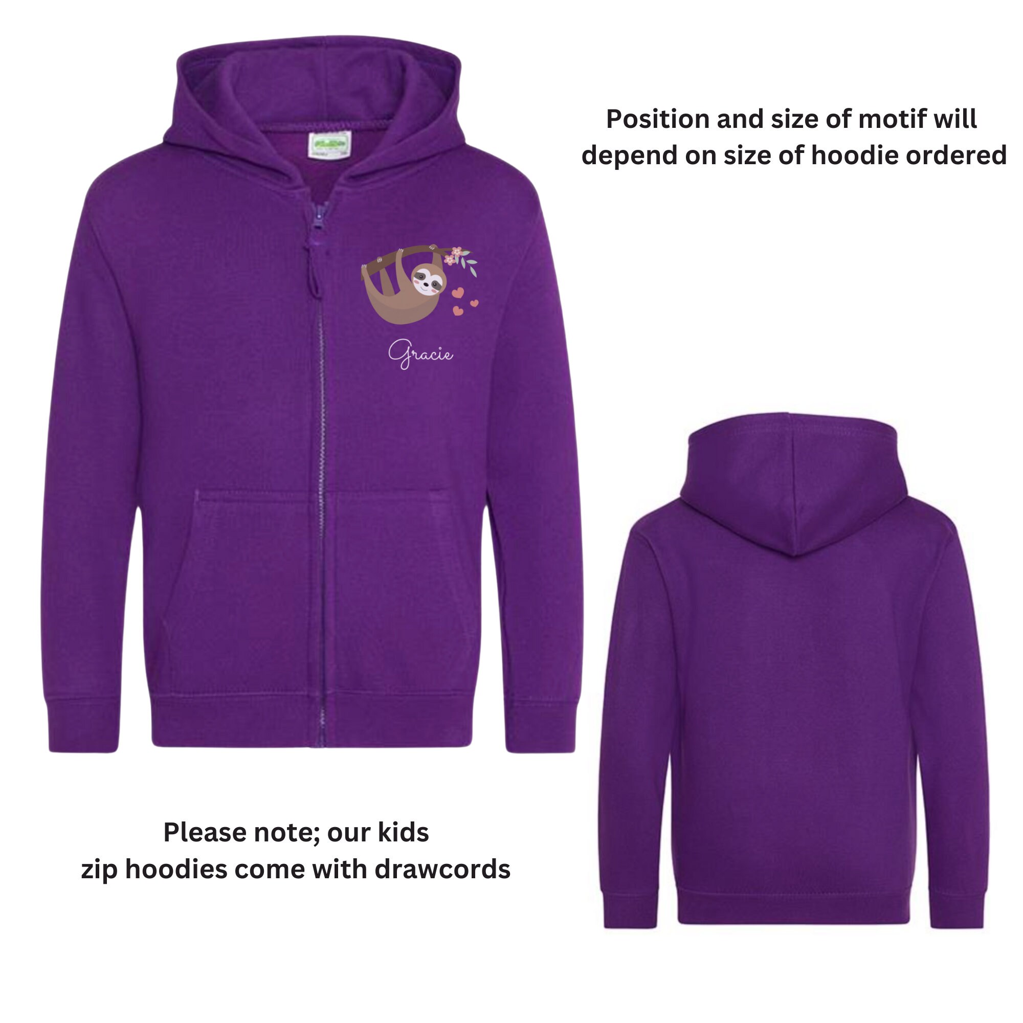 Girls Personalised Sloth Full Zip Hoodie, Sloth Jacket, 3 13 Yrs ...