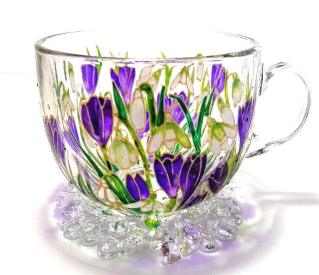 Hand Painted Floral Glass Coffee Mug: Crocus Botanical Tea Cup - Etsy