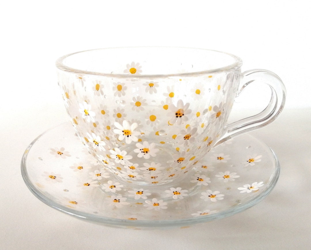Daisy Hand Painted Cup and Saucer Personalised Daisy Design Daisy Glass ...