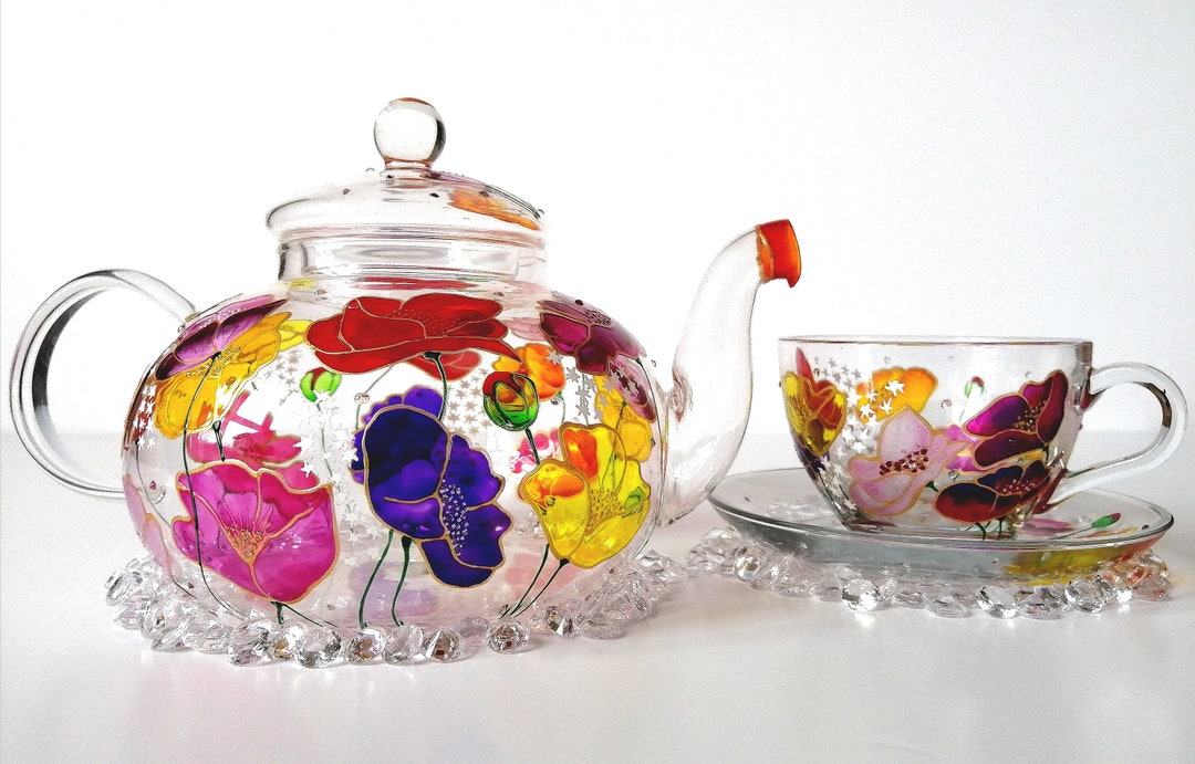 Hand Painted Glass Tea Set: Colorful Poppies, Teapot With Infuser - Etsy