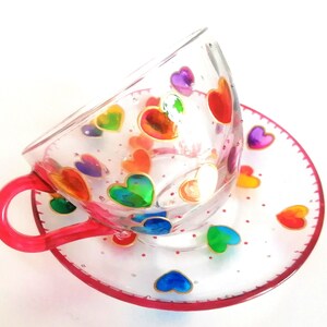 Chic Hearts Cup and Saucer Multi Colour Hearts Cups Hand Decorated UK ...