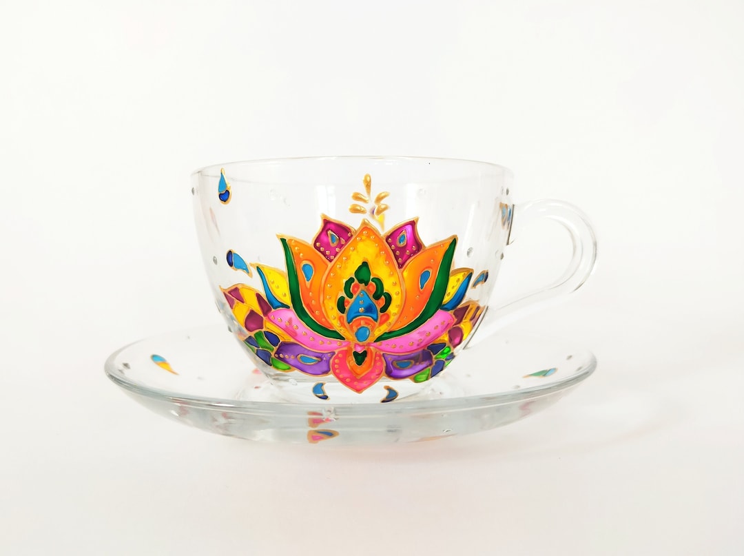 Hand Painted Lotus Mandala Glass Teacup and Saucer Set - Etsy