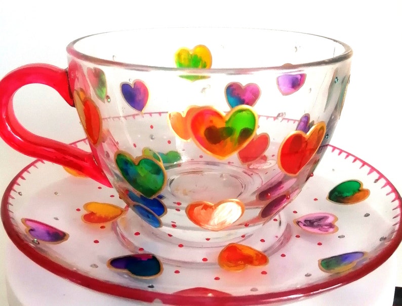 Chic Hearts Cup and Saucer Multi Colour Hearts Cups Hand - Etsy