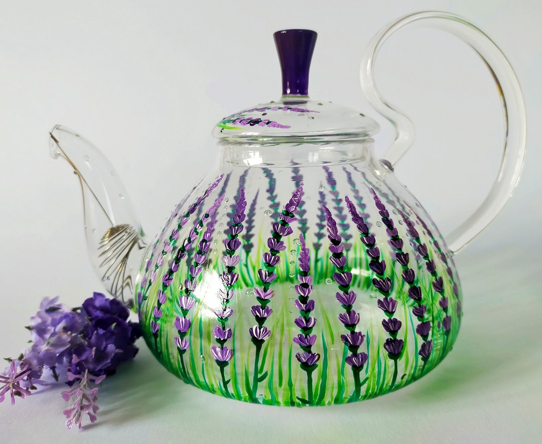 Lavender Teapot, Hand Painted Glass Teapot With Infuser, Tea Party ...