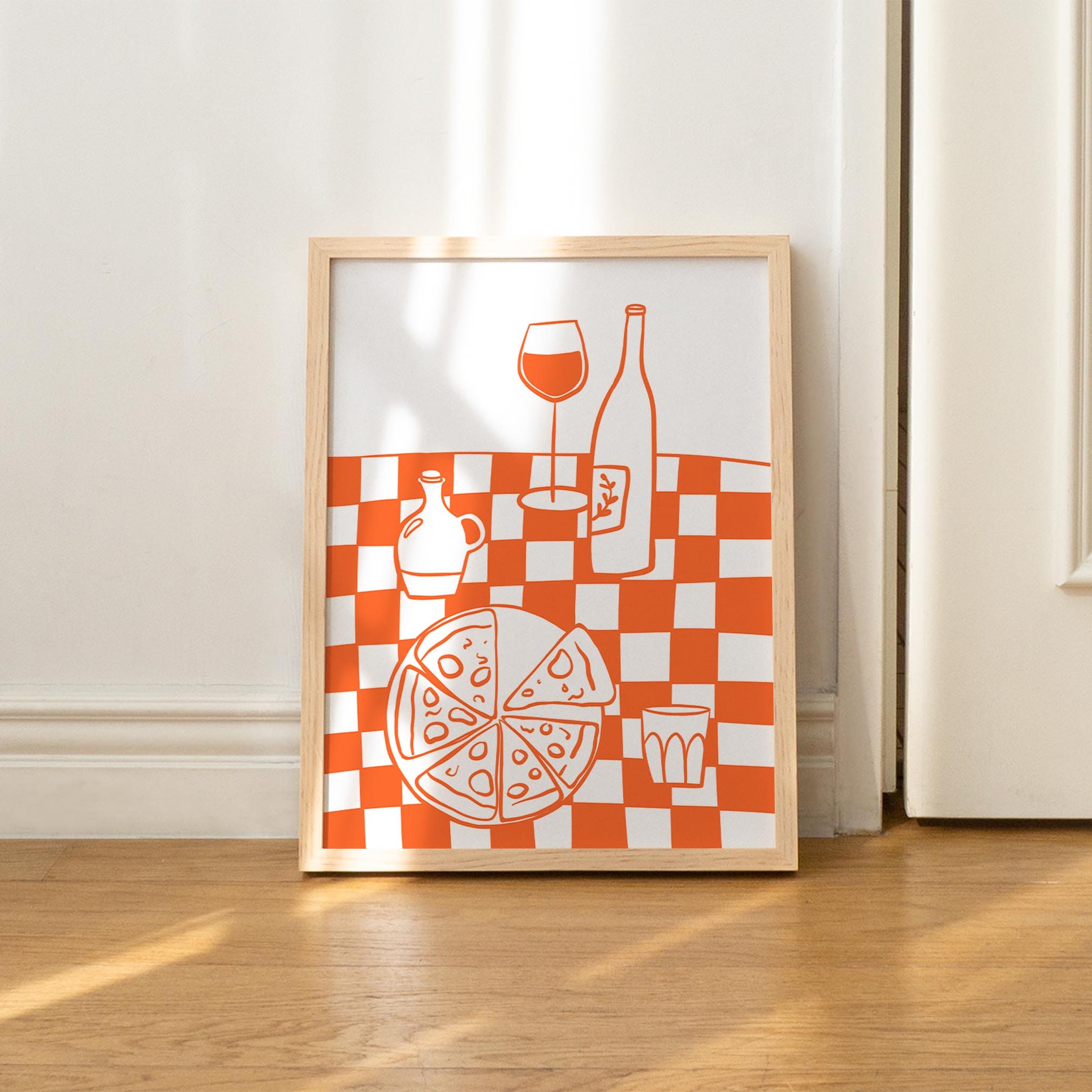 Pizza and Wine Checkerboard Art Print in Green Hand-drawn Illustration ...