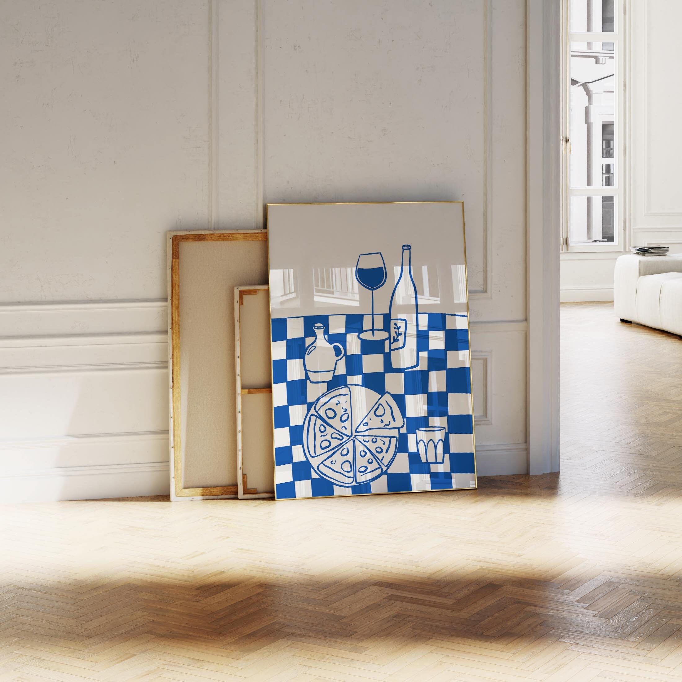 Pizza and Wine Checkerboard Art Print in Green Hand-drawn Illustration ...