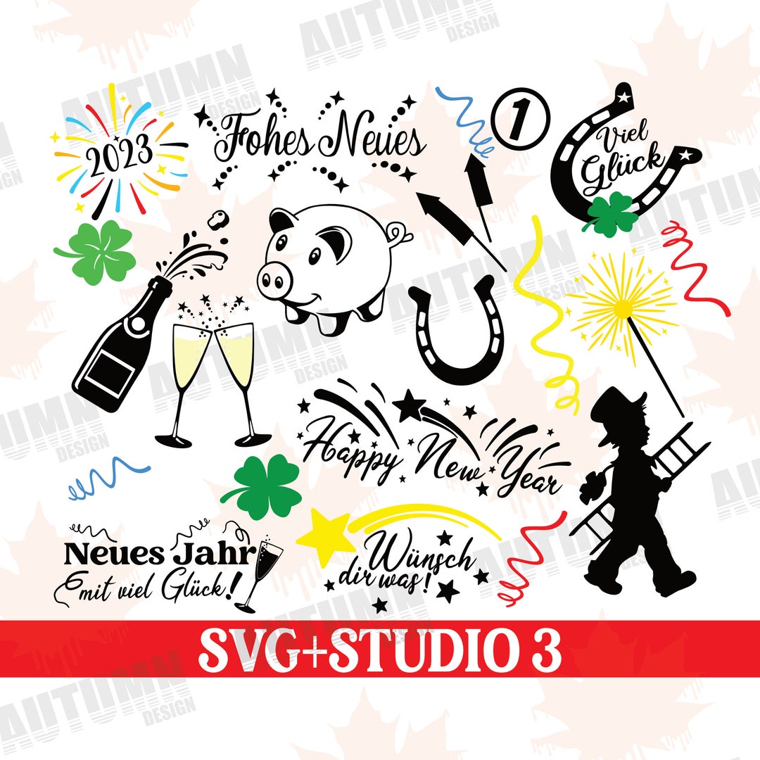 Plotterdatei Silvester Bundle Schornsteinfeger Schwein Rakete Neues Jahr Sekt Svg Studio 3 ...