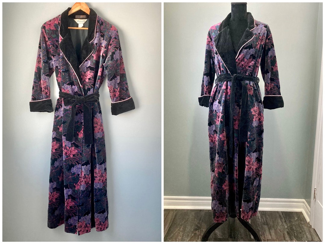 70s Vintage Diamond Tea Velvet Long Wrap Robe Purple & Black Velour ...