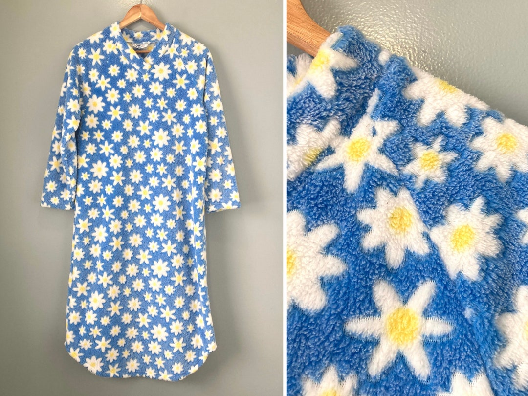 90s Vintage Blue Daisy Pattern Minky Soft Fuzzy Dress Nightgown Warm ...