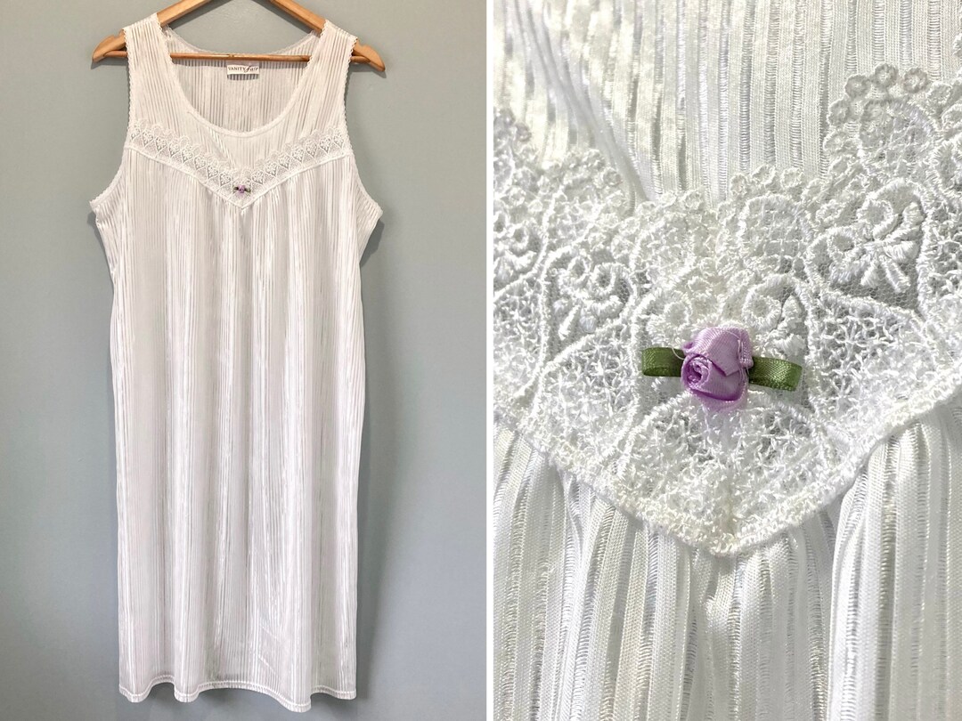 80s Vintage White Satin Slip by Vanity Fair Ribbed Sheen Purple Rosette ...