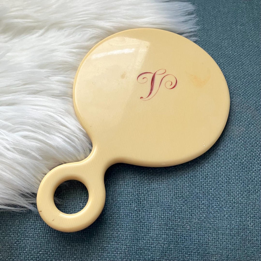 40s Vintage Celluloid Hand Mirror French Ivory Circle Shaped Vanity ...