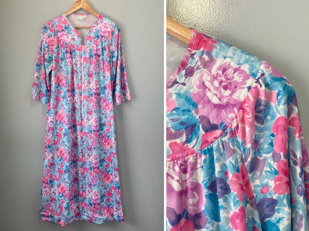 80s Vintage Pastel Floral Quilted Robe House Dress Mumu Blue, Pink ...