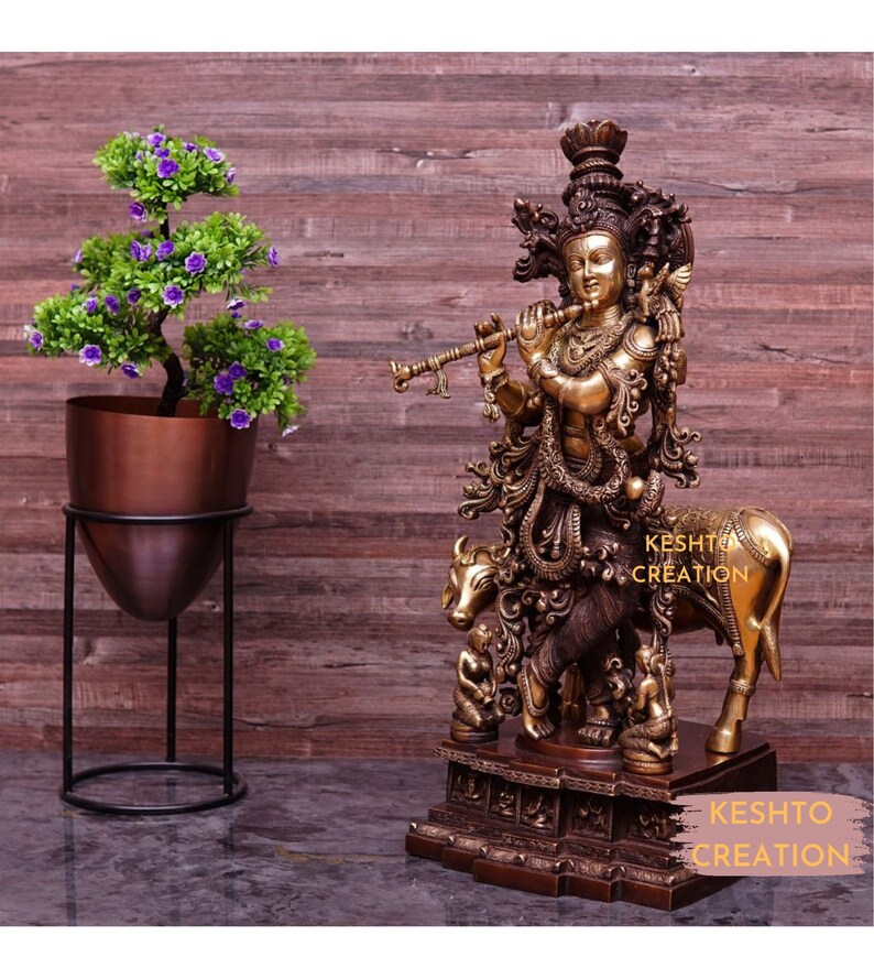 29 Big Krishna With Cow Brass Statue,krishna Brass Large Idol,brass Big ...