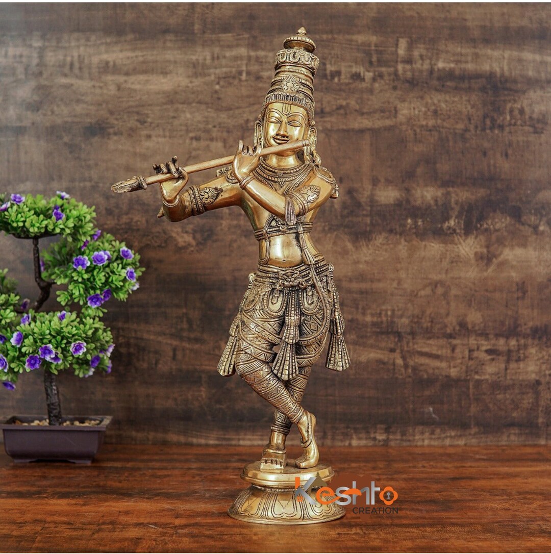 Krishna Brass Statue, Home Décor Gift, Indian Brass Art, Brass God Idol ...