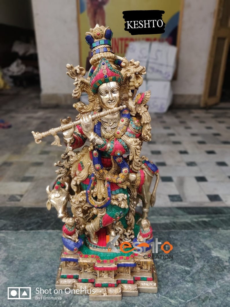 29 Big Krishna With Cow Brass Statue,krishna Brass Large Idol,brass Big ...
