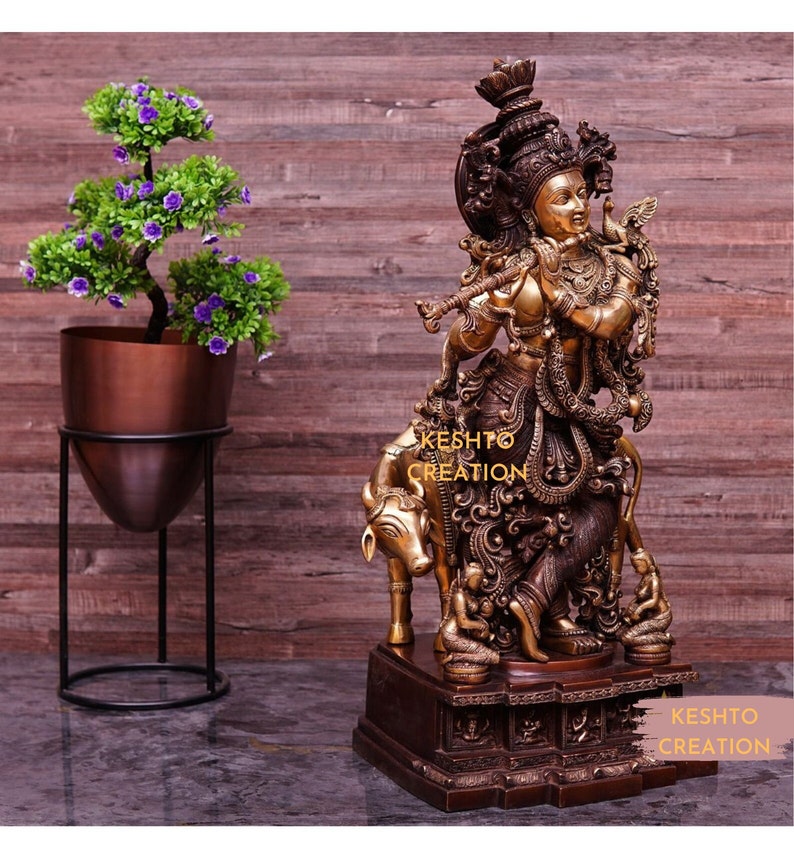 29 Big Krishna With Cow Brass Statue,krishna Brass Large Idol,brass Big ...