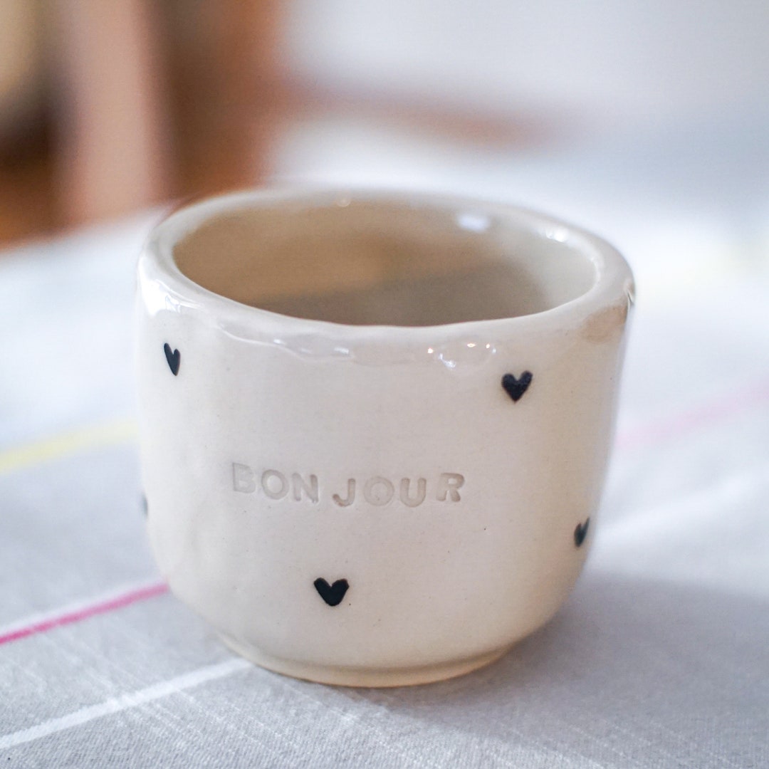 Mug Ceramic Bonjour Black Hearts Handmade Without Handle Gift Idea Mom ...