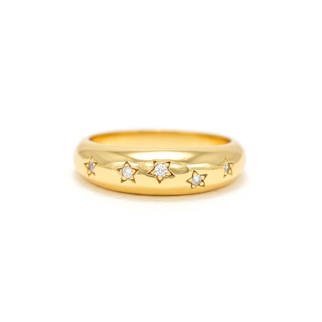 Star-set Diamond Dome Ring, 14K Solid Gold Celestial Band, 5mm Rounded ...