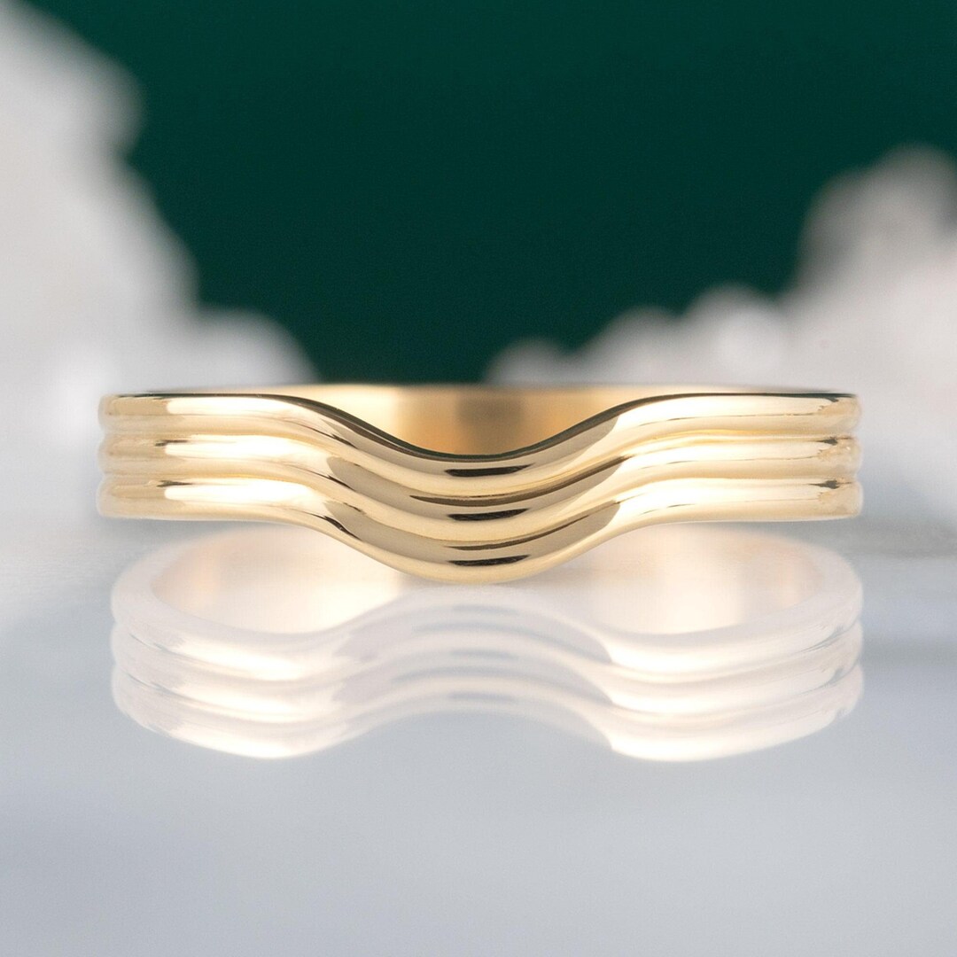 Women's Solid Gold Wedding Band, Thick Brushed & Grooved Design, Modern ...