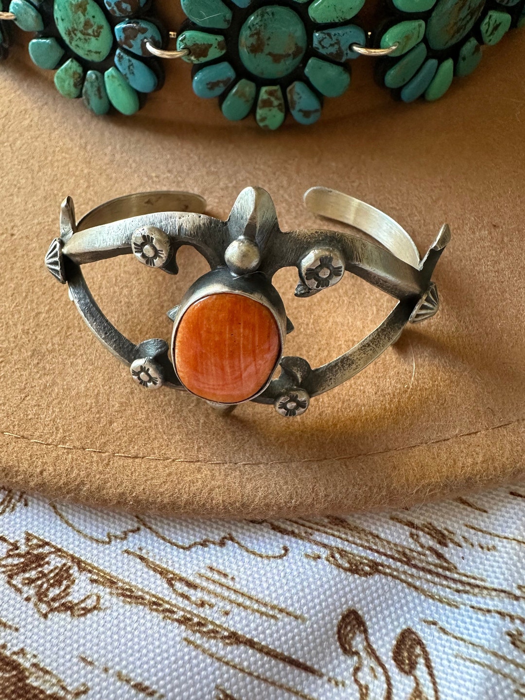 Navajo Single Stone Orange Spiny & Sterling Silver Cuff Bracelet by ...