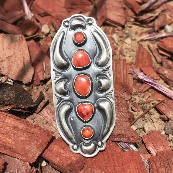 Navajo Sterling Silver Orange Spiny Oyster 5 Stone Ri… - Gem