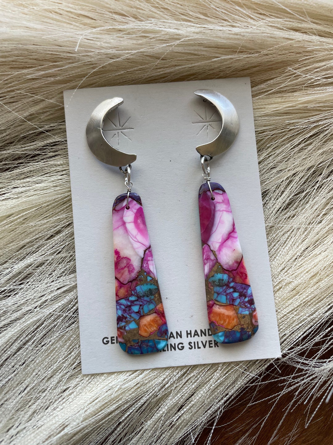 Navajo Pink Dream Mohave & Sterling Silver Moon Slab Dangles - Etsy
