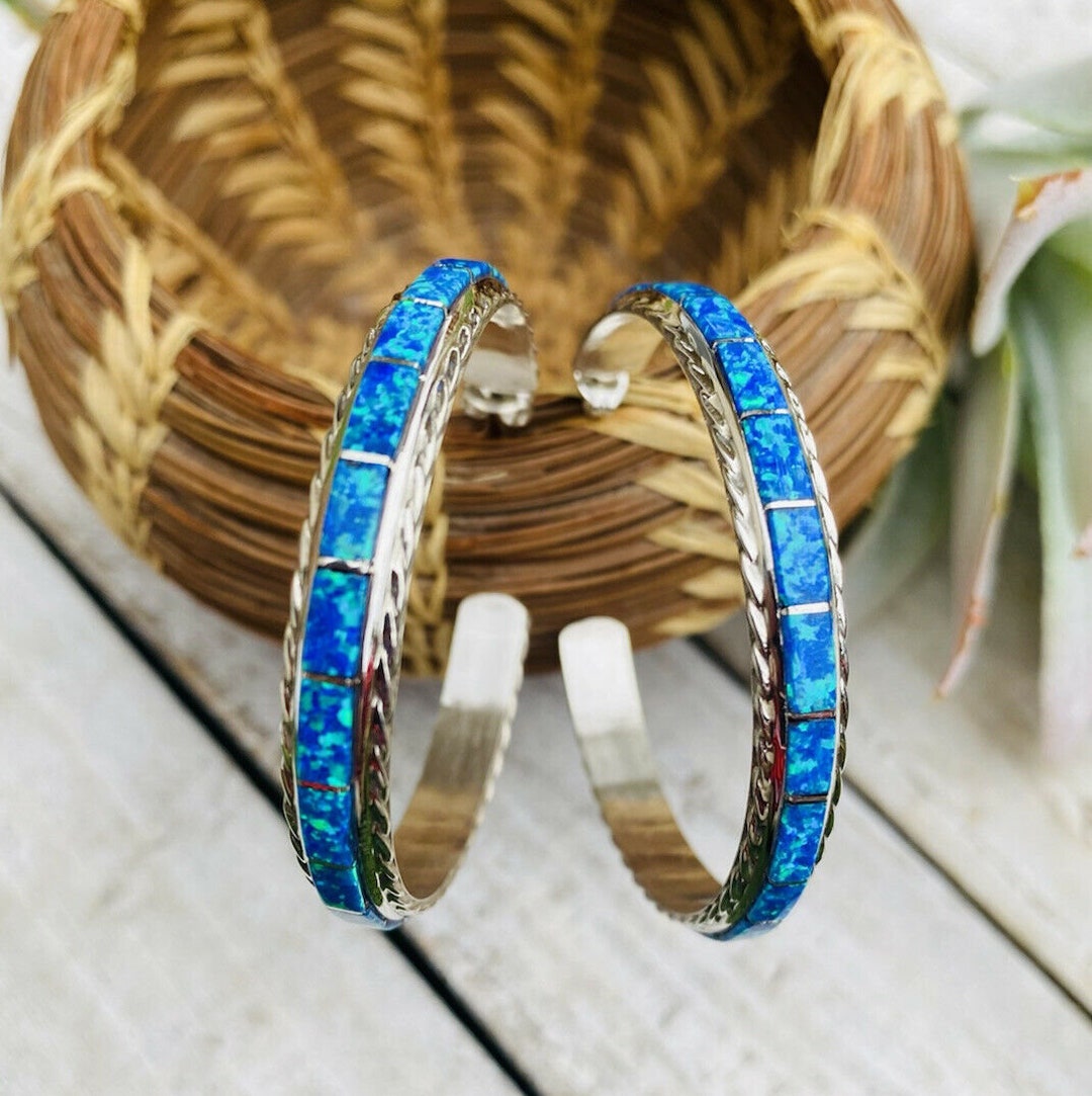 Navajo Sterling Silver & Opal Inlay Hoop Earrings Signed - Etsy